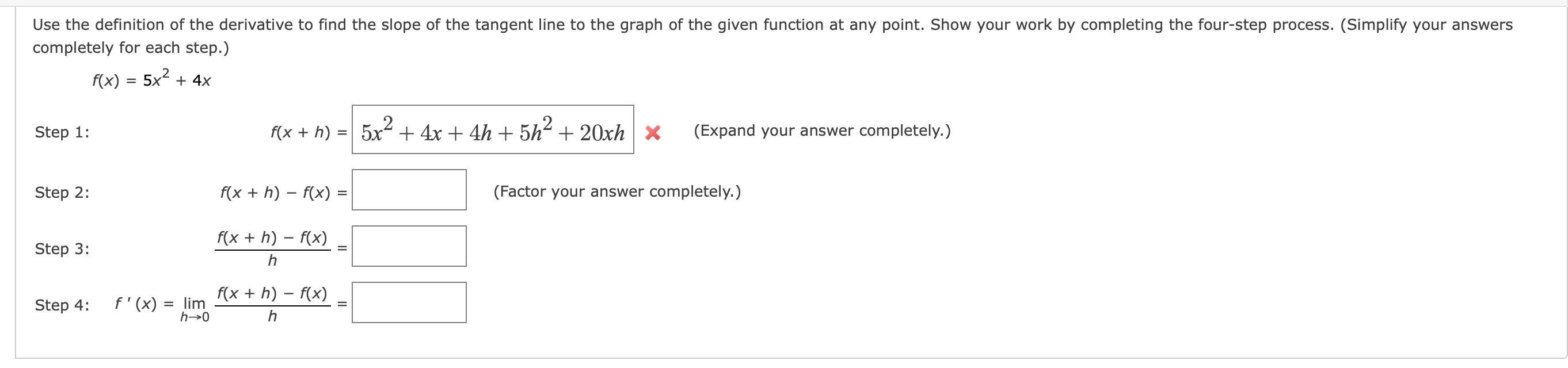 Solved completely for each step.) f(x)=5x2+4x Step 1: | Chegg.com
