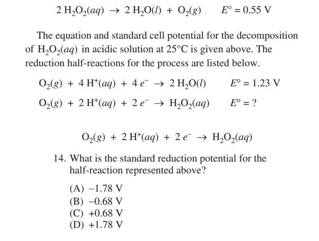 Solved 2 H2O2(aq) + 2 H2O(l) + O2(8) E° = 0.55 V The | Chegg.com