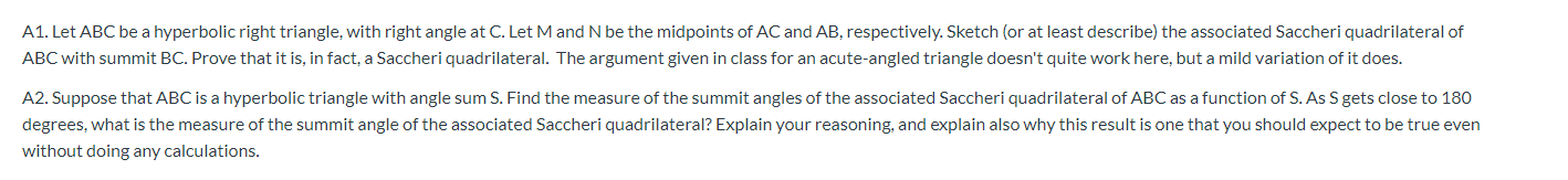 A1. Let ABC be a hyperbolic right triangle, with | Chegg.com