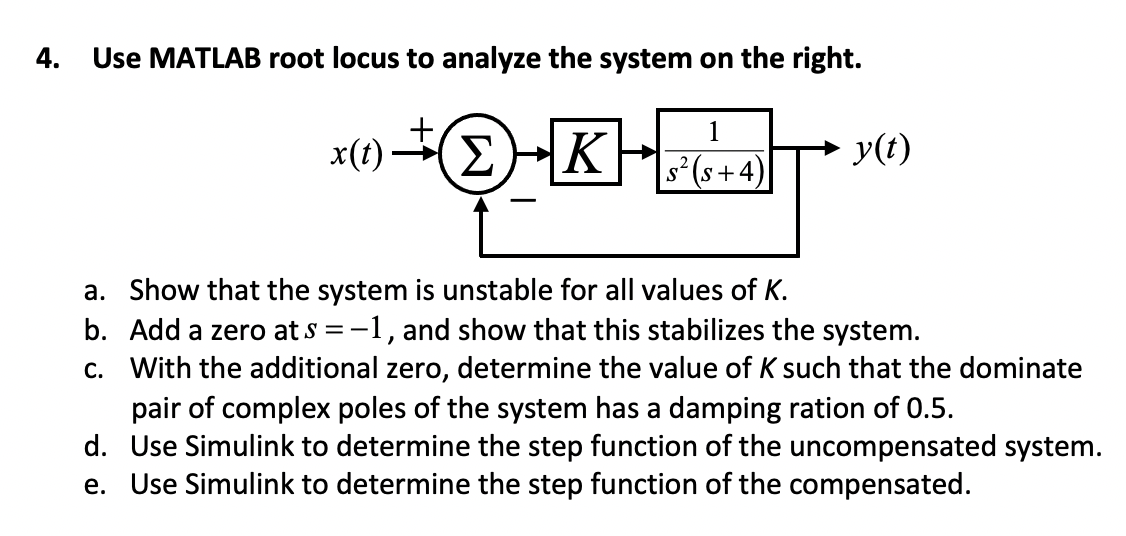 Solved 4. Use MATLAB root locus to analyze the system on the | Chegg.com