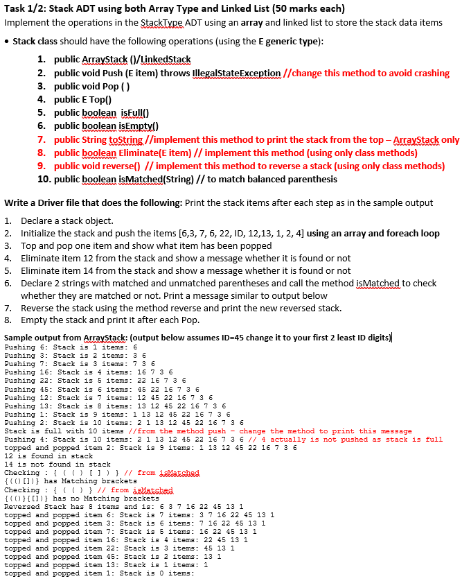 Task 1/2: Stack ADT using both Array Type and Linked | Chegg.com