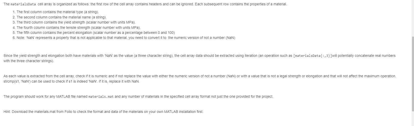 Solved 2. Change the 'NaN' in the materialsData cell array | Chegg.com
