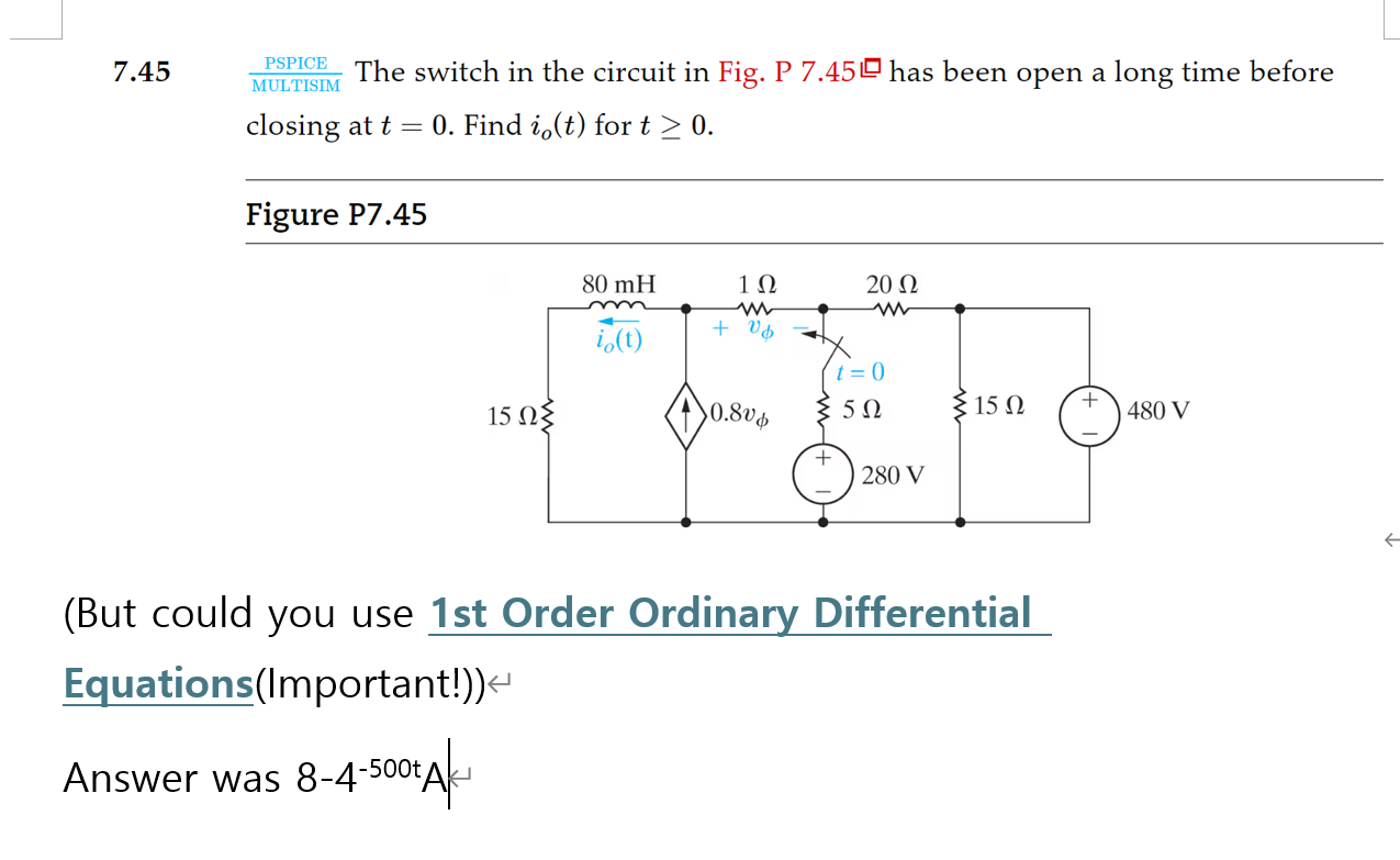 Solved 7.45 PSPICE MULTISIM ﻿The switch in the circuit in | Chegg.com