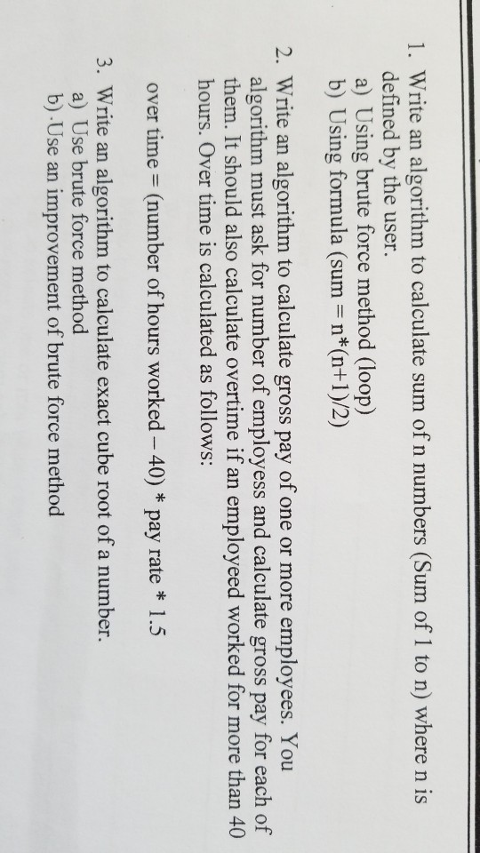 Solved 1 Write An Algorithm To Calculate Sum Of N Numbers 
