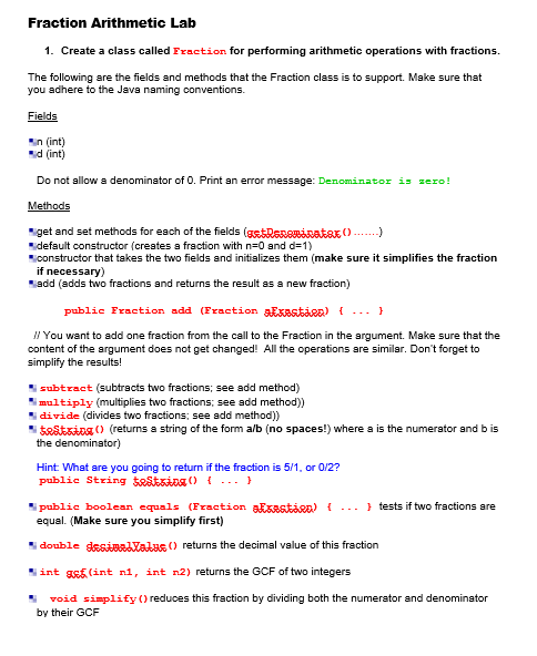 Solved Fraction Arithmetic Lab 1. Create a class called | Chegg.com
