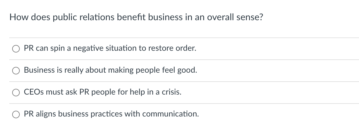 Solved How does public relations benefit business in an | Chegg.com