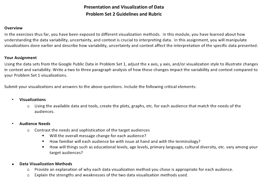 Presentation and Visualization of Data Problem Set 2 | Chegg.com
