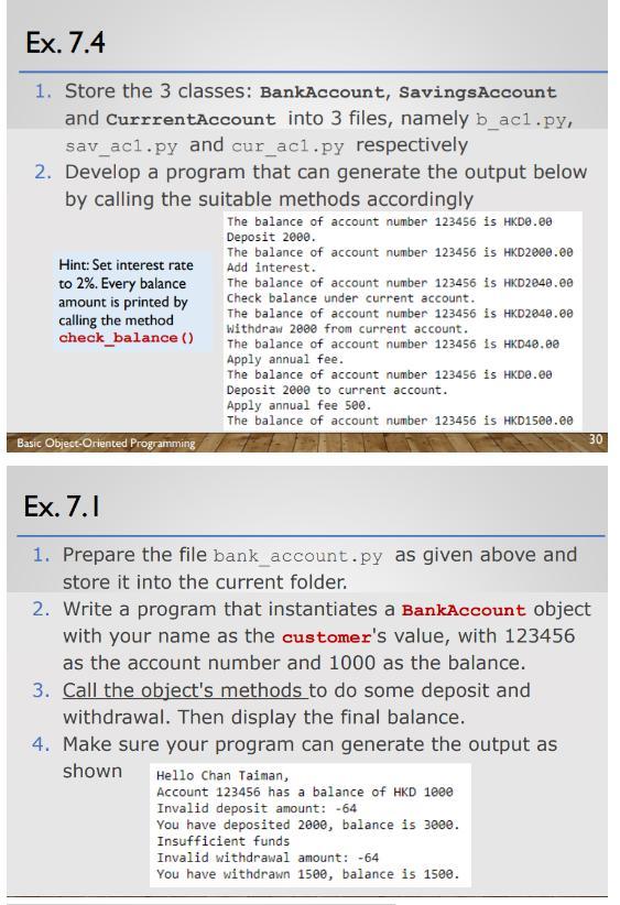 Ex. 7.5 1. Use the class BankAccount defined in | Chegg.com