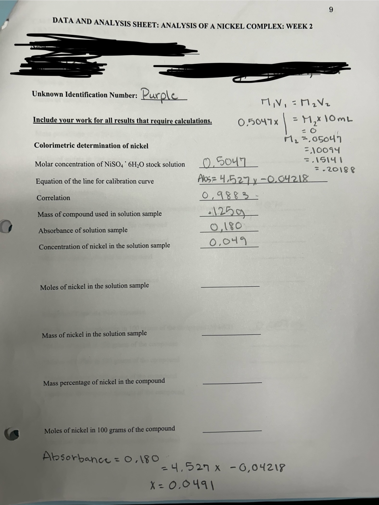 Solved DATA AND ANALYSIS SHEET: ANALYSIS OF A NICKEL | Chegg.com