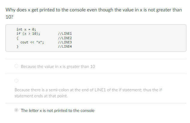 Solved Why does x get printed to the console even though the | Chegg.com