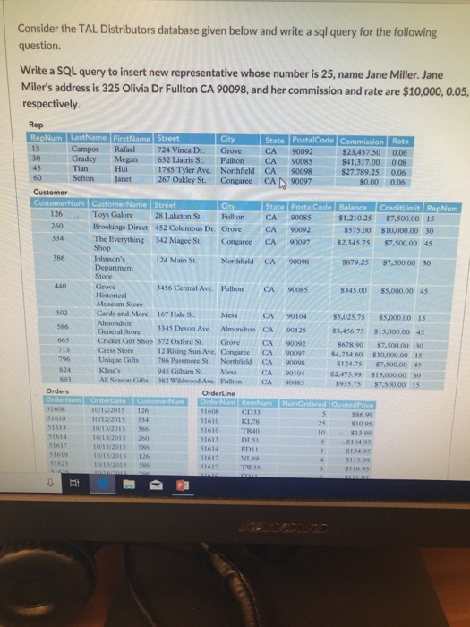 Solved Consider the TAL Distributors database given below | Chegg.com