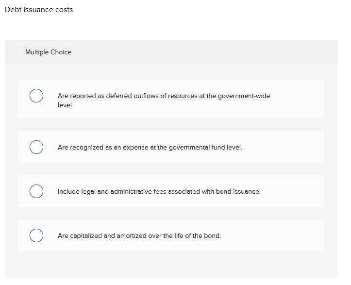 Solved Debt issuance costs Multiple Choice Are reported as | Chegg.com