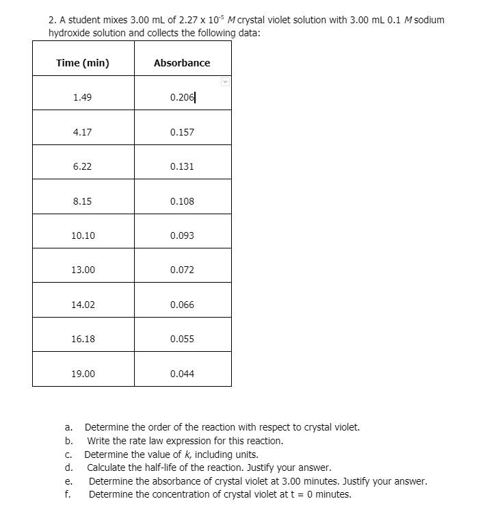 Solved 2. A student mixes 3.00 mL of 2.27 x 105 M crystal | Chegg.com