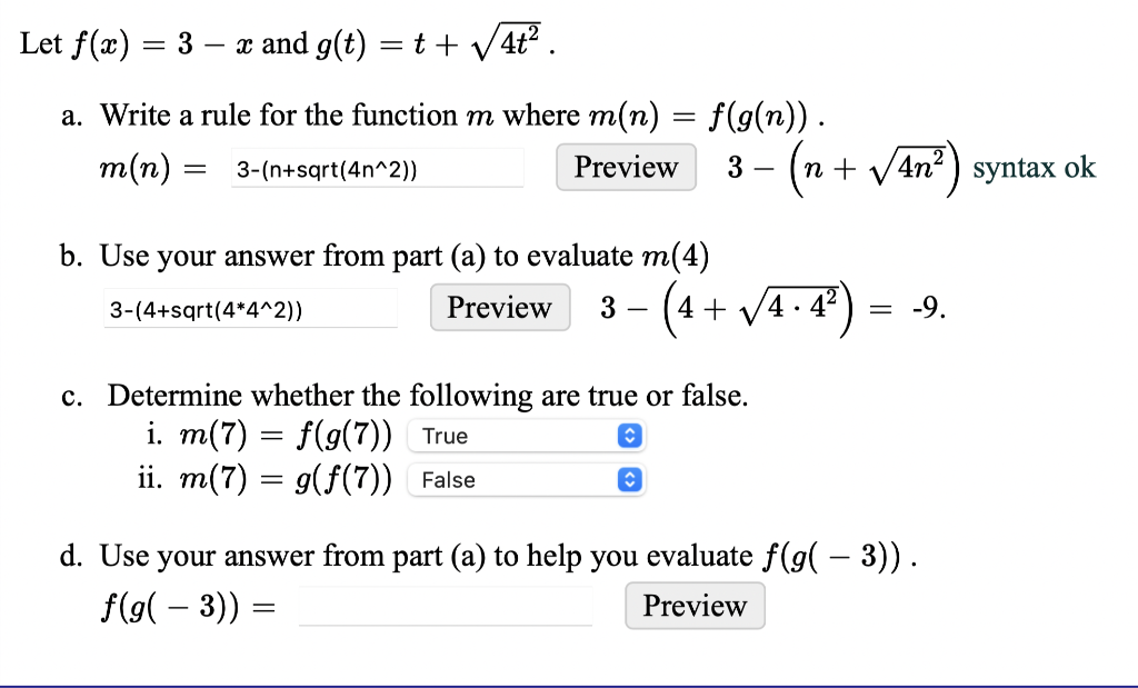 Solved Let f(x)=3−x and g(t)=t+4t2. a. Write a rule for the | Chegg.com