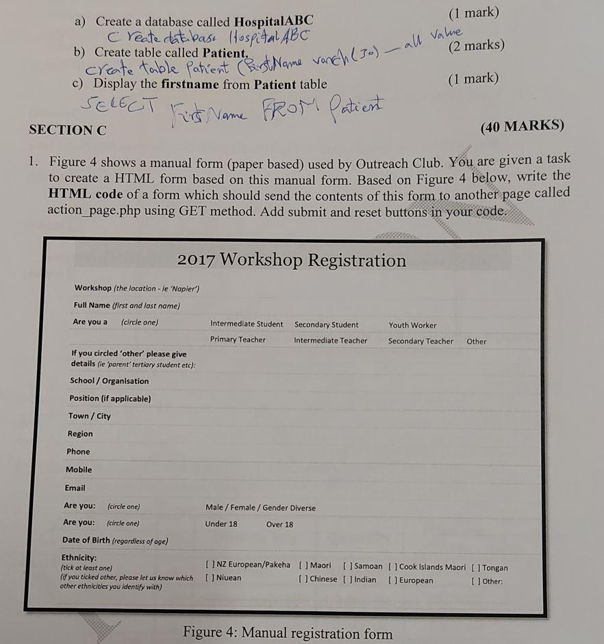 Solved a) Create a database called HospitalABC (1 mark) C | Chegg.com