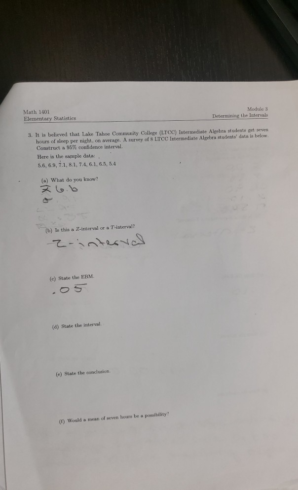 Solved Math 1401 Elementary Statistics Module 3 Determining | Chegg.com