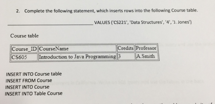 Solved 2. Complete the following statement, which inserts | Chegg.com