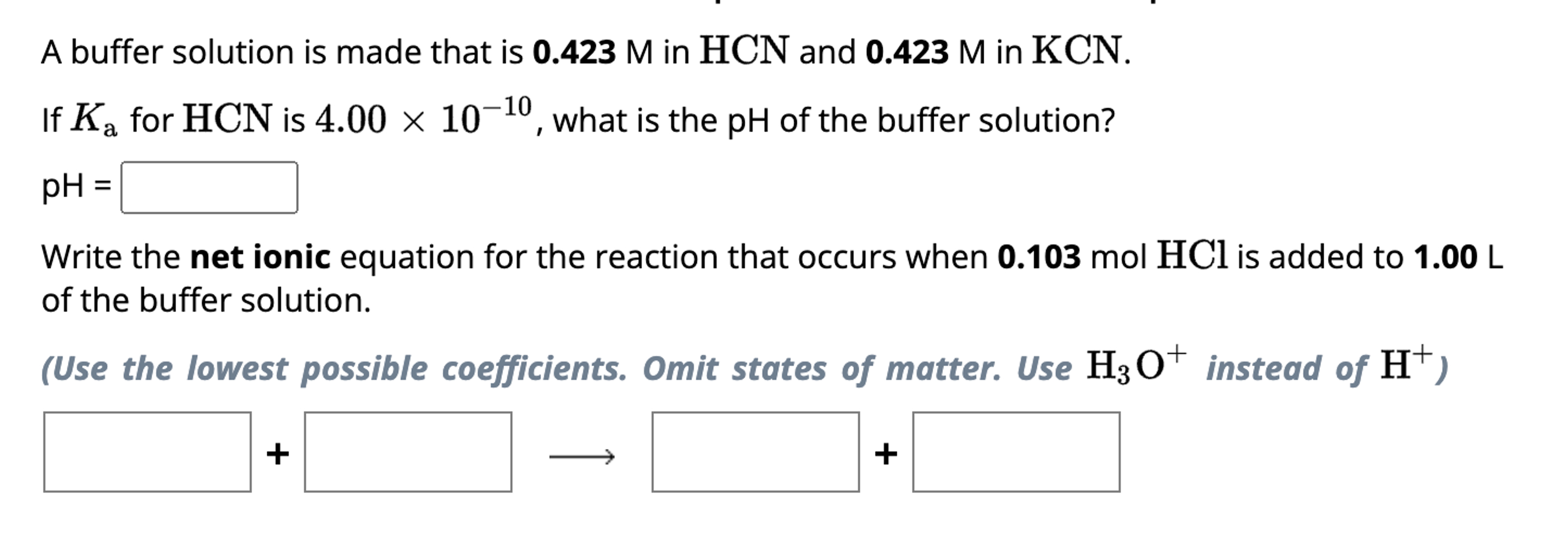 Solved A buffer solution is made that is 0.423M ﻿in HCN ﻿and | Chegg.com
