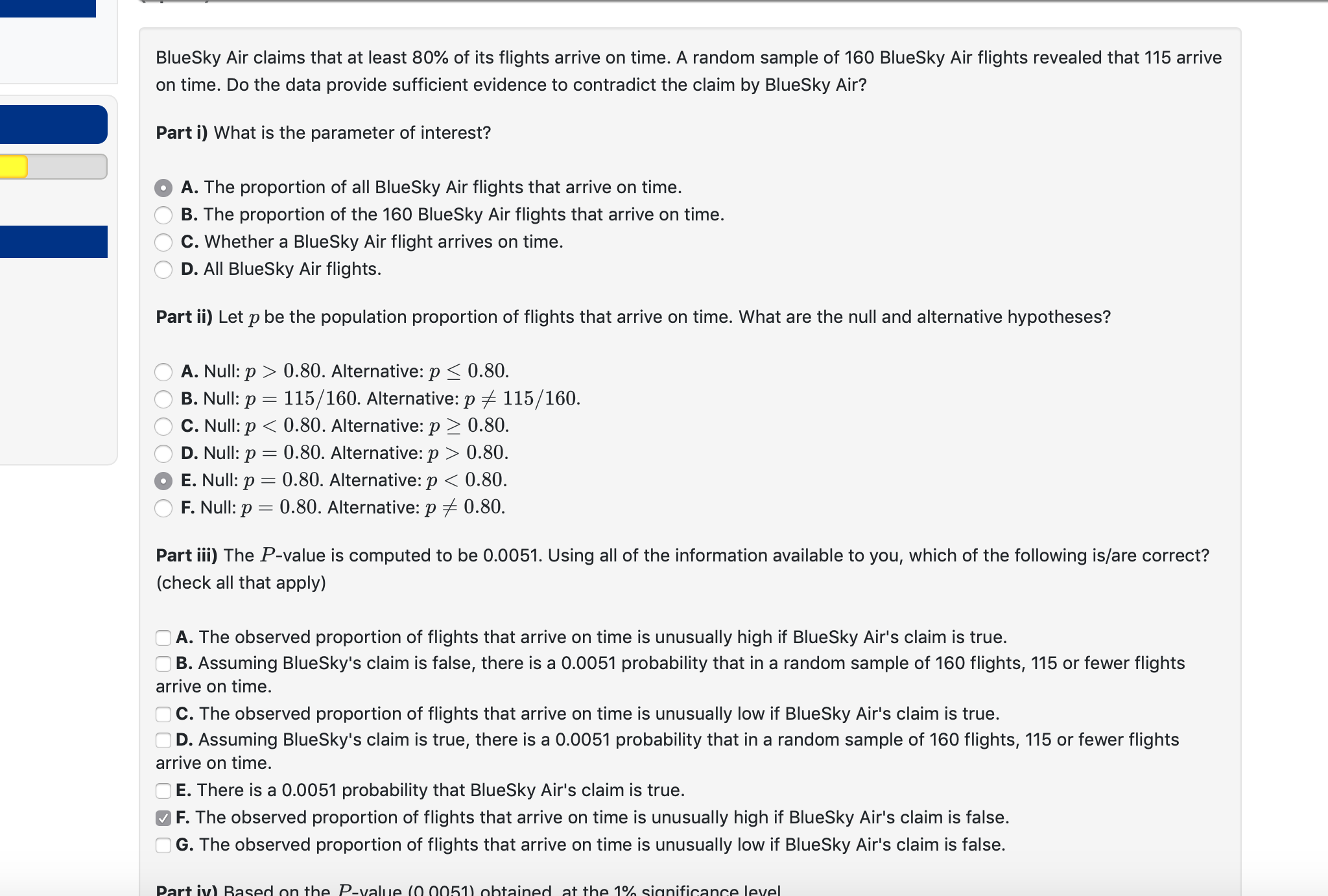 Solved BlueSky Air claims that at least 80% of its flights | Chegg.com