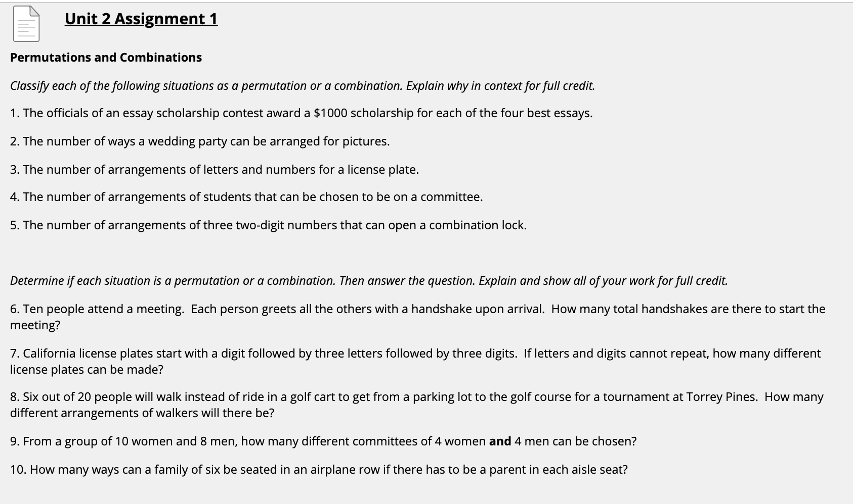 Solved Unit 2 Assignment 1 Permutations and Combinations | Chegg.com