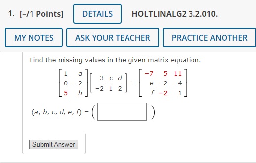 Solved Find the missing values in the given matrix equation. | Chegg.com