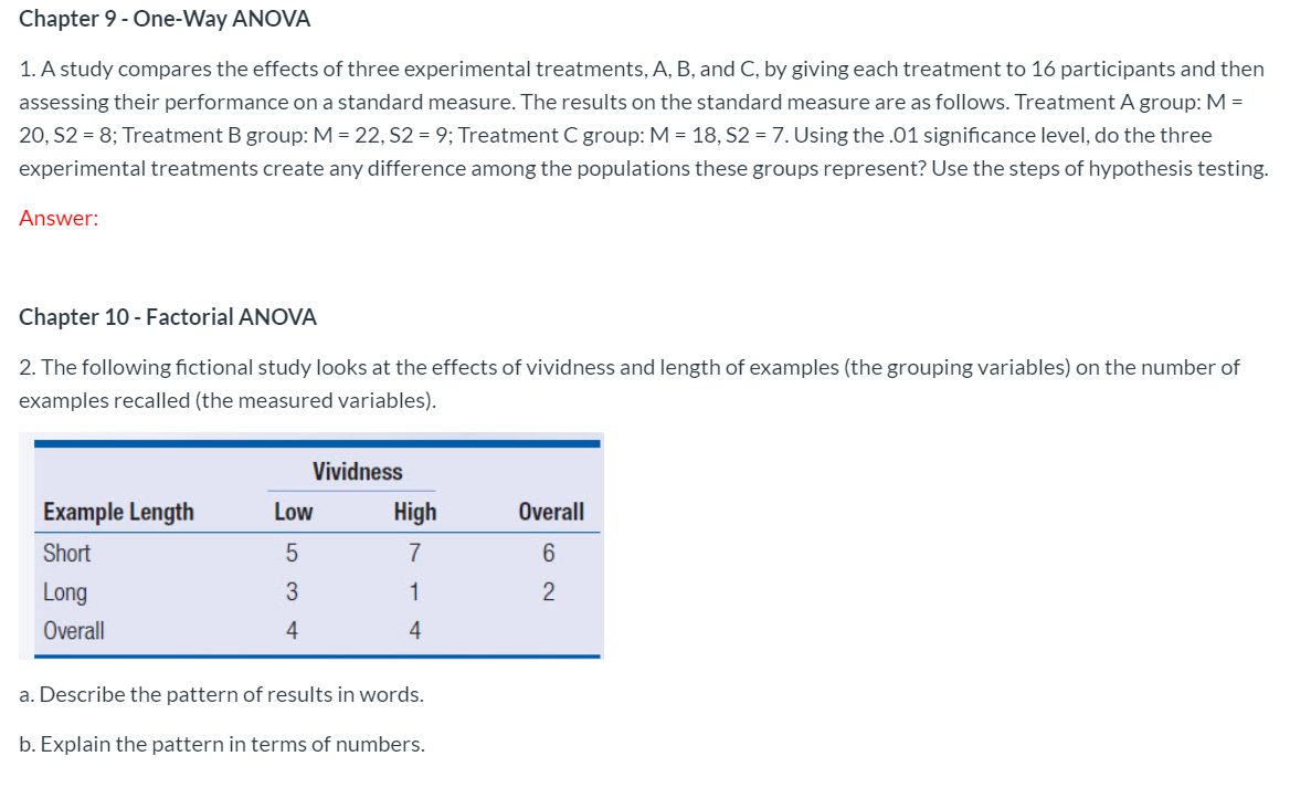 Chapter 9 - One-Way ANOVA 1. A study compares the | Chegg.com