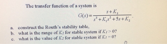Solved The transfer function of a system is s+ K3 s +K a. | Chegg.com