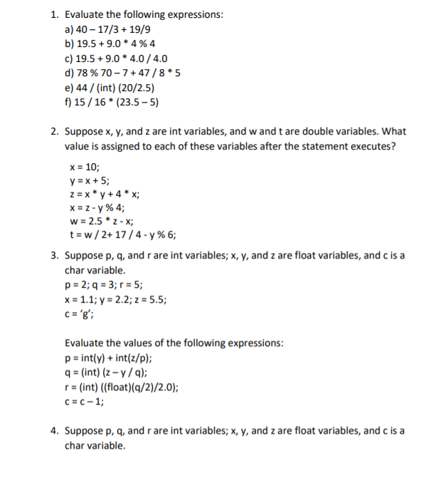 Solved 1. Evaluate the following expressions: a) 40 - 17/3 + | Chegg.com