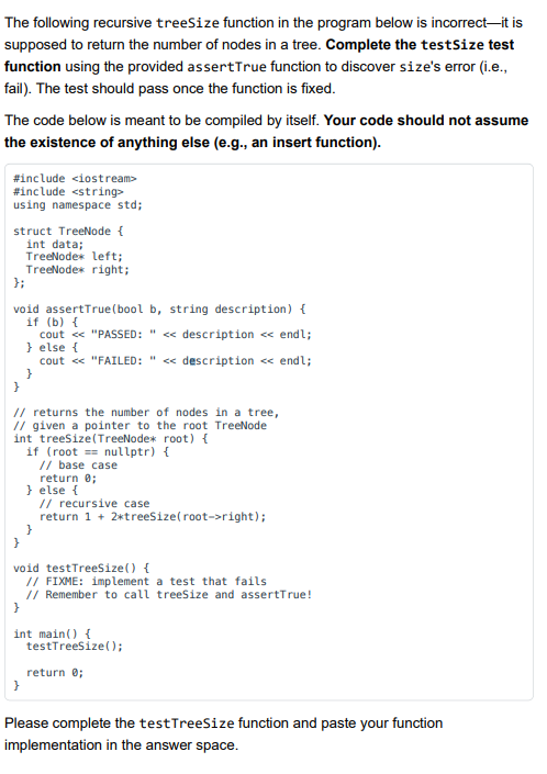 Solved The following recursive treesize function in the | Chegg.com