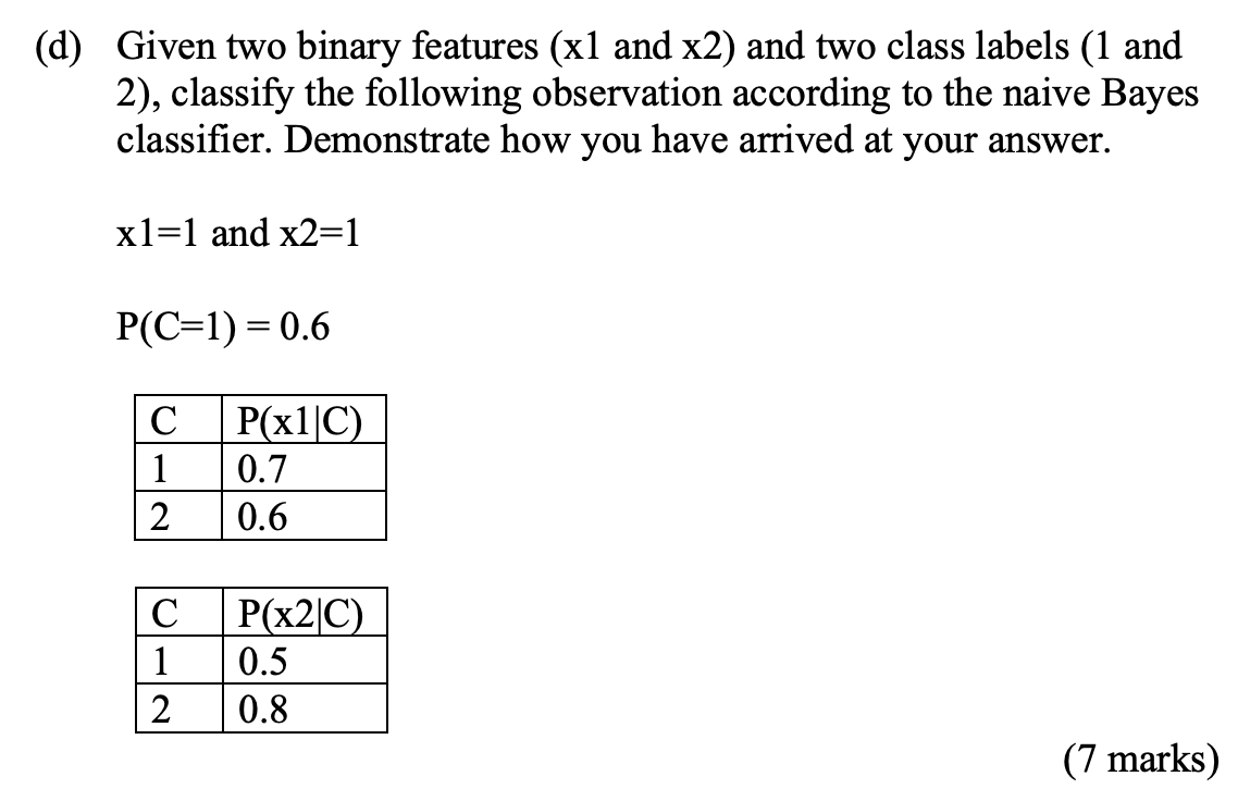 Solved (d) Given two binary features (xl and x2) and two | Chegg.com