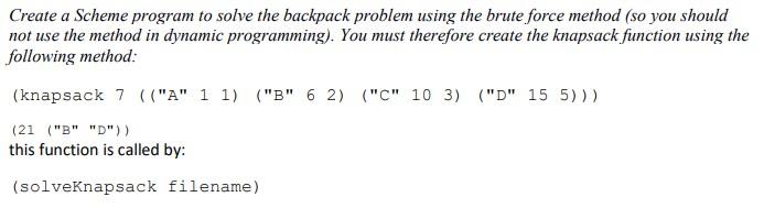 Create a Scheme program to solve the backpack problem | Chegg.com