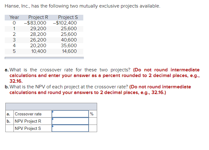 Solved Hanse, Inc., has the following two mutually exclusive | Chegg.com
