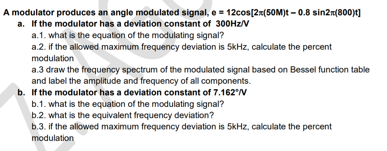 Solved A modulator produces an angle modulated signal, e = | Chegg.com