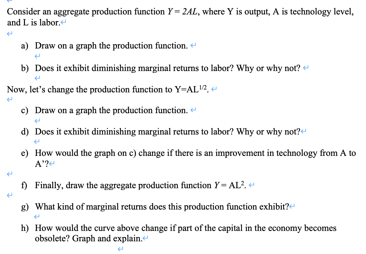Solved Consider an aggregate production function Y=2AL, | Chegg.com
