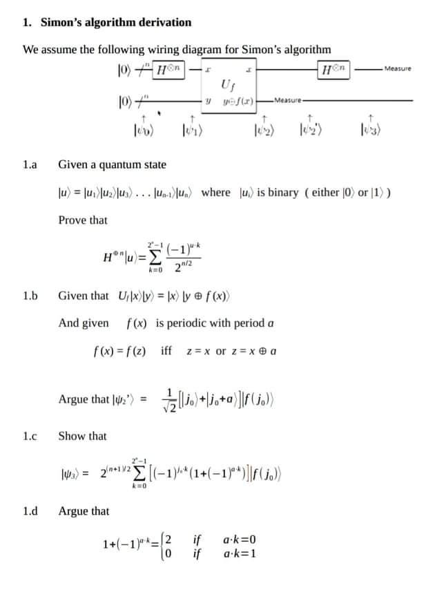 Solved 1. Simon's algorithm derivation Measure We assume the | Chegg.com