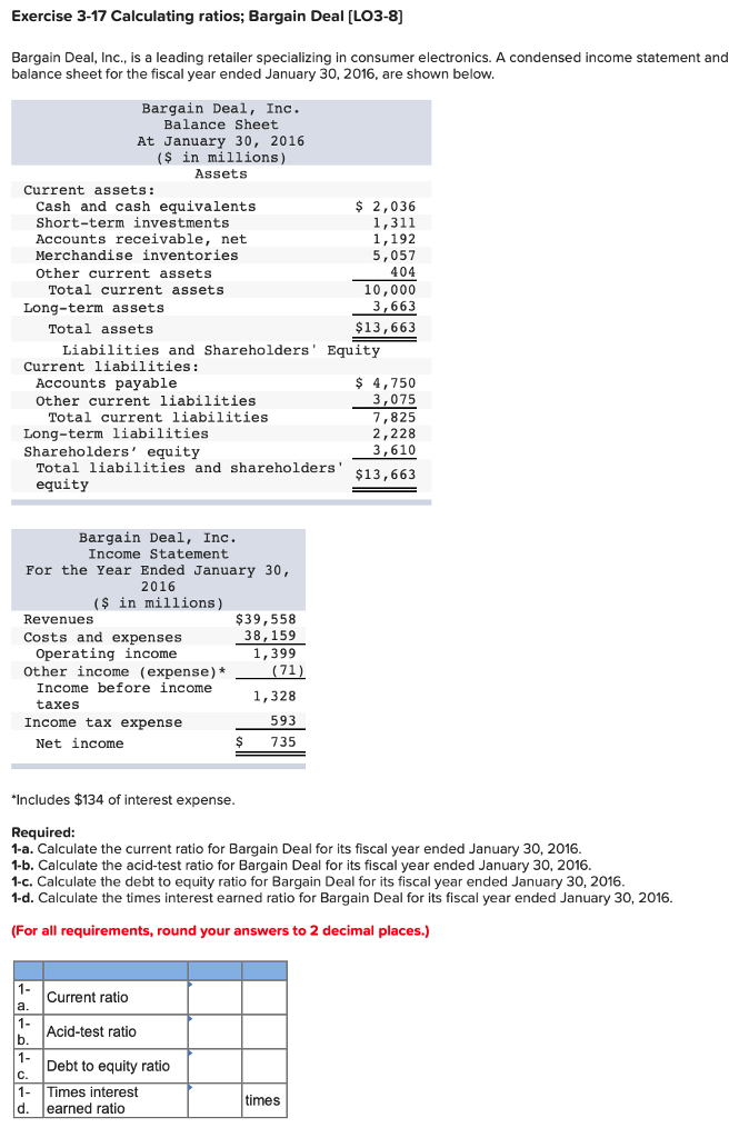 Solved Exercise 3-17 Calculating ratios; Bargain Deal [LO3-8 | Chegg.com
