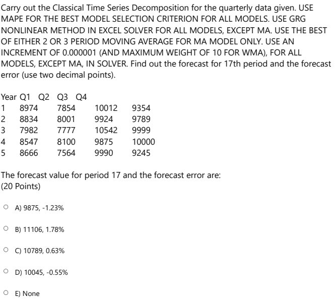 Solved Carry out the Classical Time Series Decomposition for | Chegg.com
