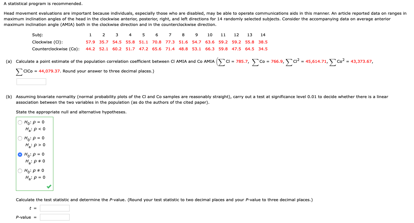Solved A statistical program is recommended. Head movement | Chegg.com