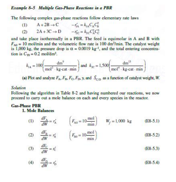 Example 8-5 Multiple Gas-Phase Reactions in a PBR The | Chegg.com