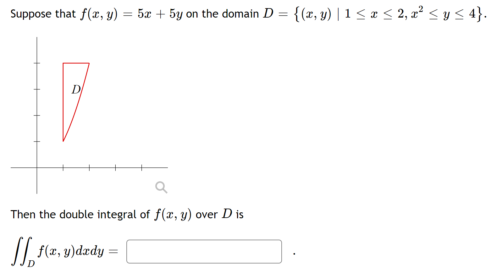 Solved Suppose that f(x, y) = 5x + 5y on the domain D = 5x + | Chegg.com