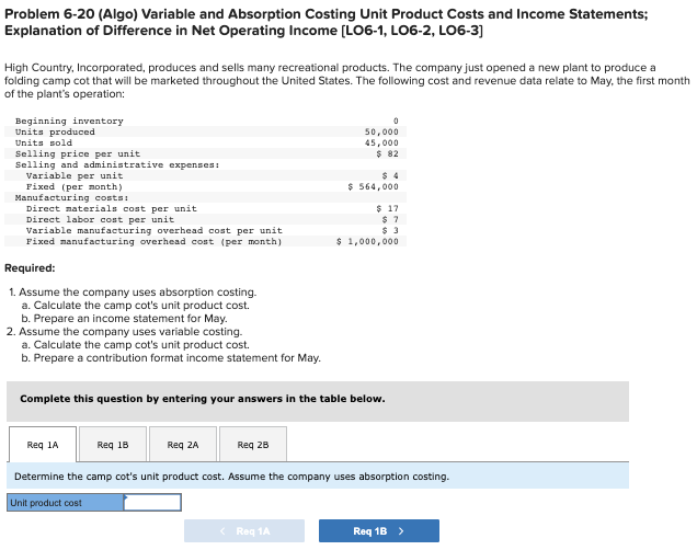 Solved Problem 6-20 (Algo) Variable and Absorption Costing | Chegg.com