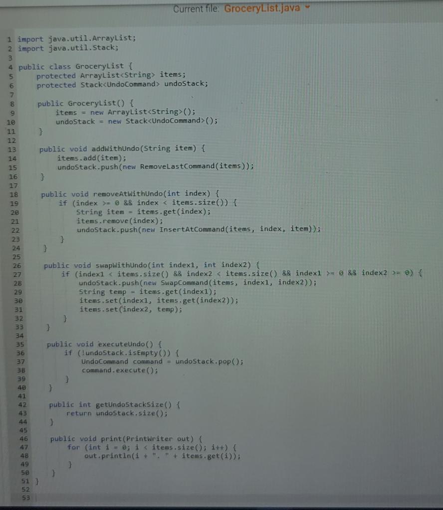 Solved Current file: GroceryList.java GroceryList.java: 46 | Chegg.com
