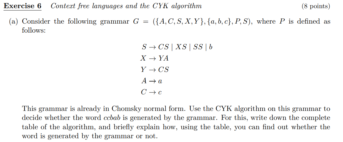 Solved Exercise 6 Context free languages and the CYK | Chegg.com