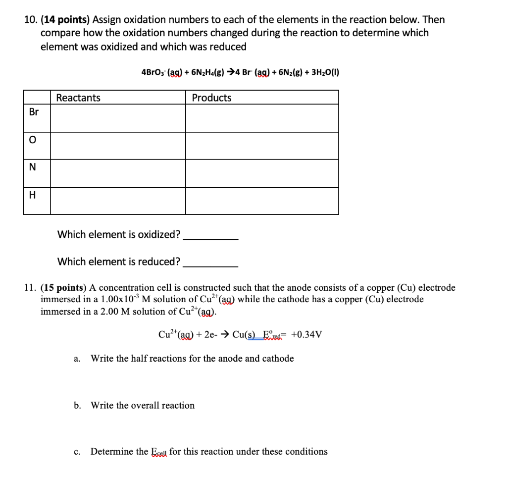 Solved 10. (14 points) Assign oxidation numbers to each of | Chegg.com