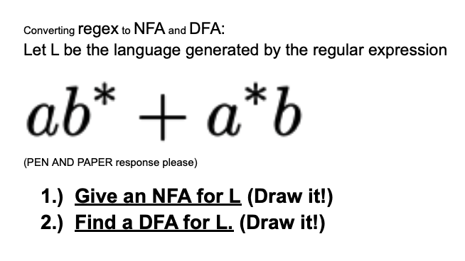 Solved ab∗+a∗b 1.) Give an NFA for L (Draw it | Chegg.com