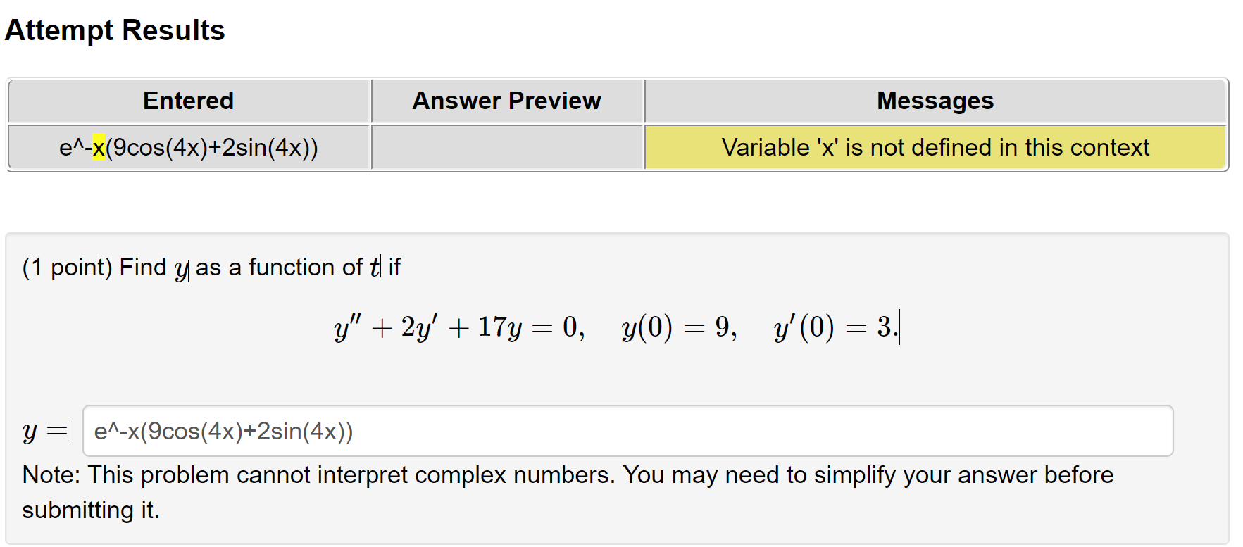 Solved Attempt Results (1 point) Find y as a function of t | Chegg.com
