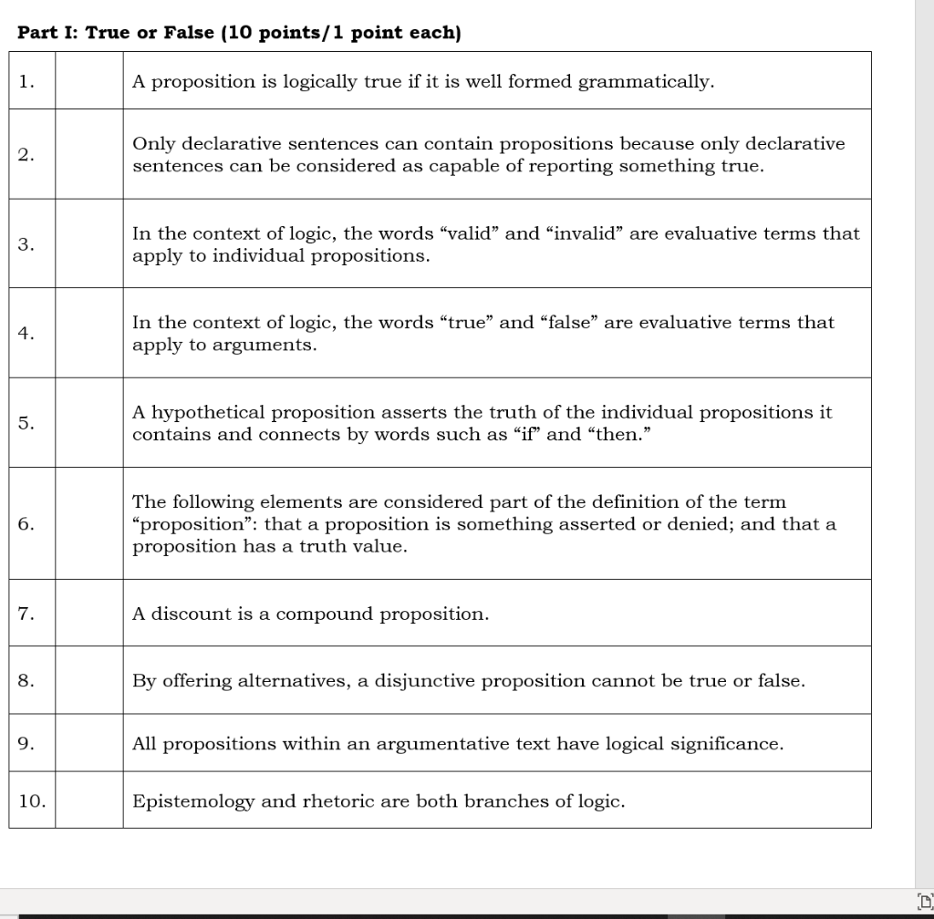 Solved Part I: True or False (10 points/1 point each) 1. A | Chegg.com