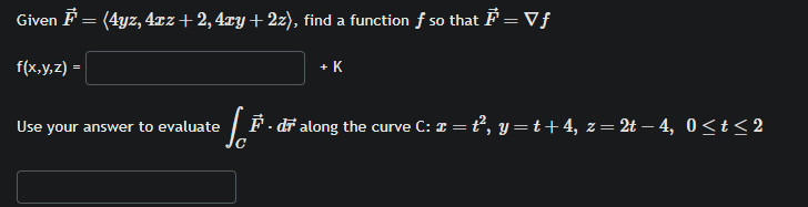 Solved Given vec(F)=(:4yz,4xz+2,4xy+2z:), ﻿find a function f | Chegg.com