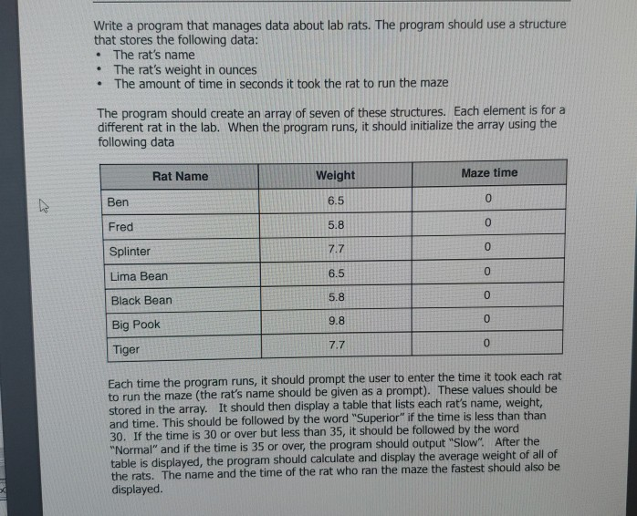 Solved Write a program that manages data about lab rats. The | Chegg.com