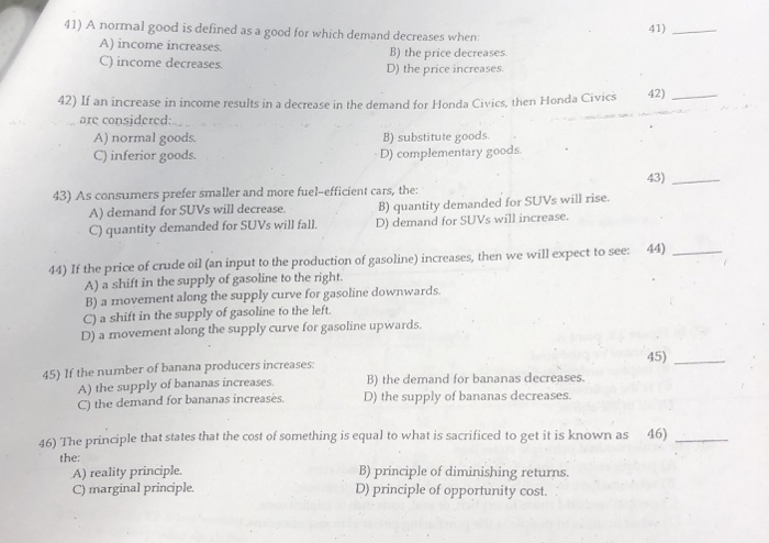 Solved 41) A normal good is defined as a good for which | Chegg.com